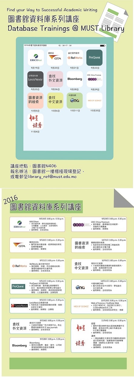 发布消息：图书馆电子数据库系列讲座 Database Training @MUST Library