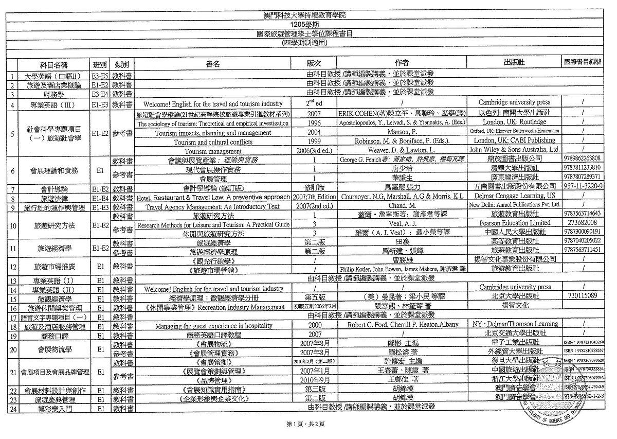 2011/2012學年第四學期(1205學期)教材書單